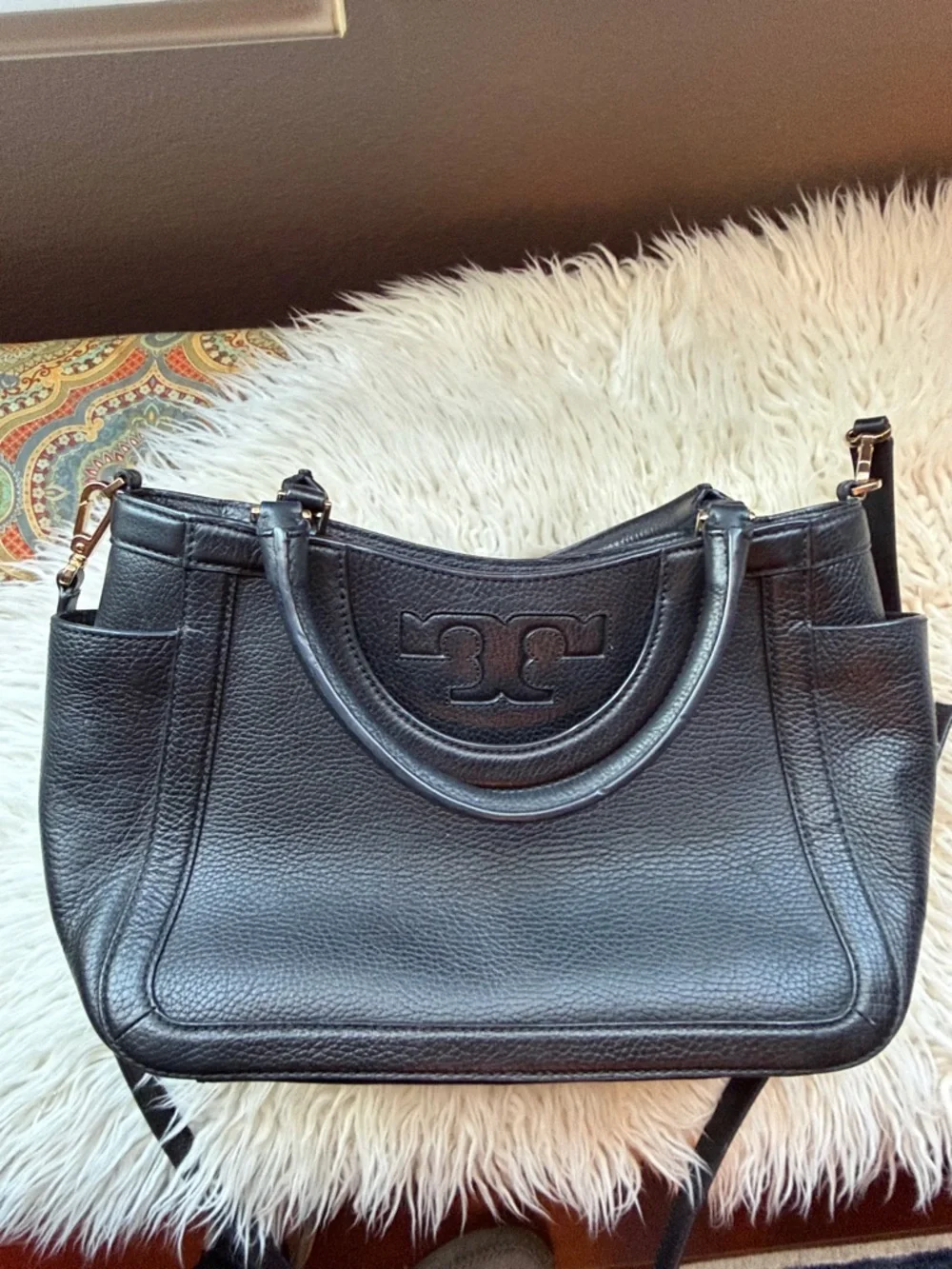 Tory Burch | Bags | Tory Burch Black Pebbled Leather Tophandle Satchel ...